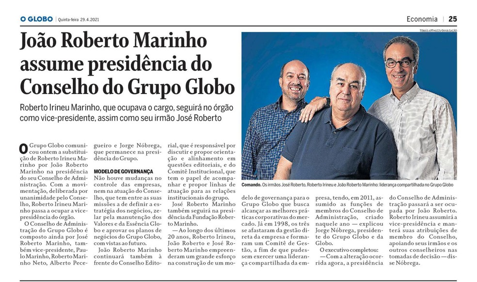 2021 - João Roberto Marinho assume a presidência do Conselho de ...
